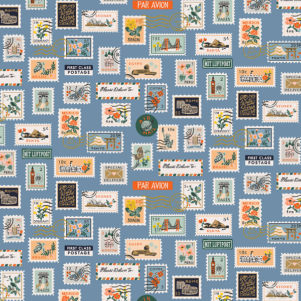 Rifle Paper Co. RP802-BL3M Bon Voyage Postage Stamps Blue Metallic Fabric